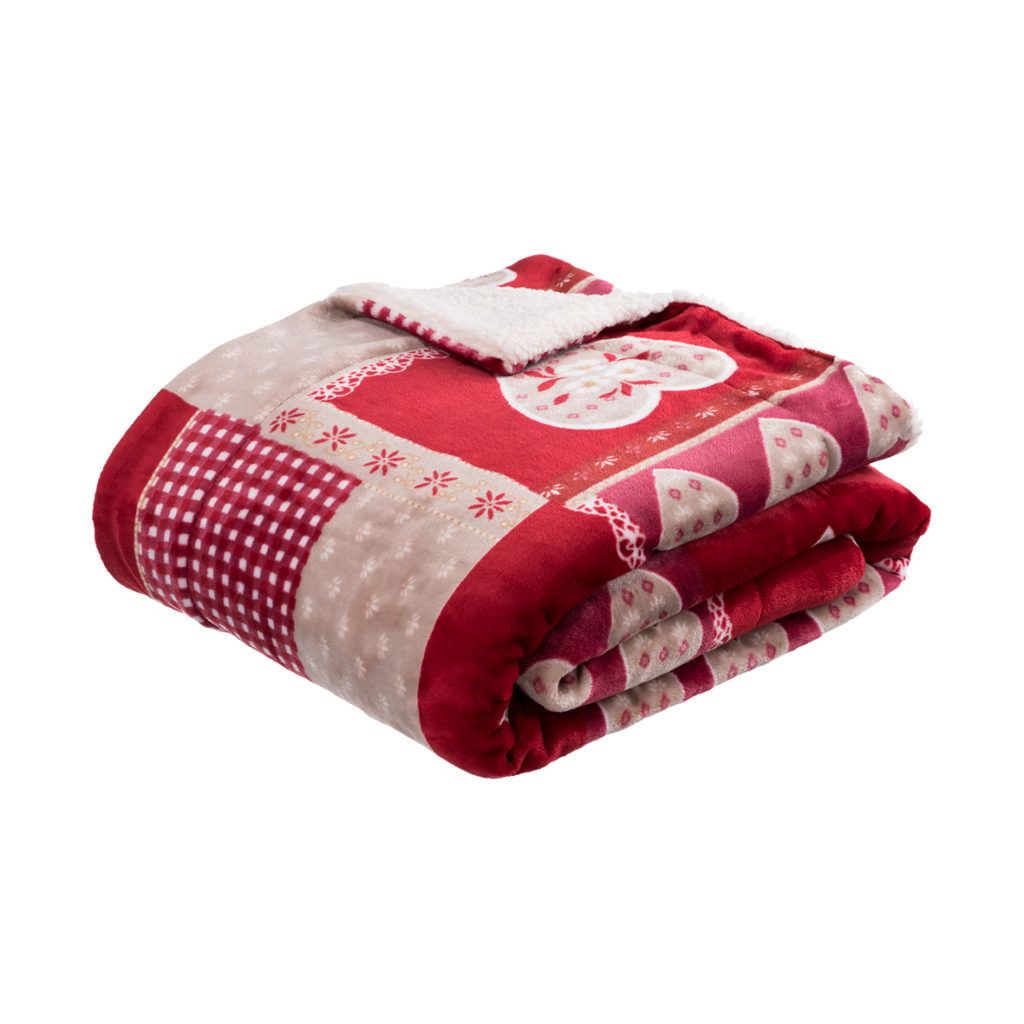 Plaid ultradoux imprimé Patchwork rouge doublé sherpa | La Savoie en Direct